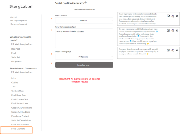 LinkedIn Caption Generator. Powered by AI [Start for Free]