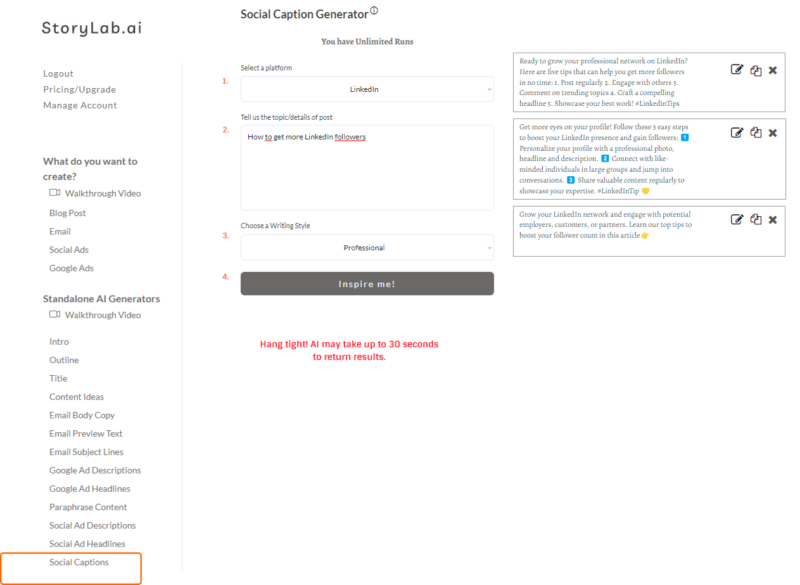 LinkedIn Caption Generator. Powered by AI [Start for Free]